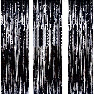 CareCheer 3 Pack 3.2ft x 6.6ft Black Metallic Foil Fringe Backdrop Tinsel Sparkle Door Window Curtain Backdrop for Birthday Bachelorette Wedding Christmas New Year Party Decorations