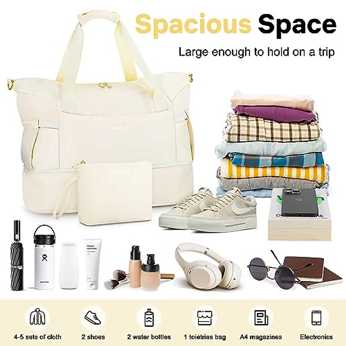 Travel Duffle Bag for Women, Weekender Bag, Gym Bag with Wet Pocket and Shoe Compartment for Overnight, Air Travel Carry on (Beige)