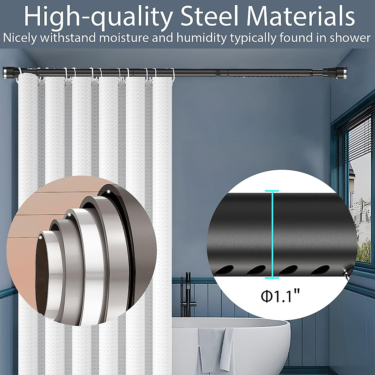 Black Shower Curtain Rod 48 to 84 Inch Adjustable Heavy Duty Stainless Steel Spring Tension Curtain Rods for Bathroom Windows Closet Rod No Drill