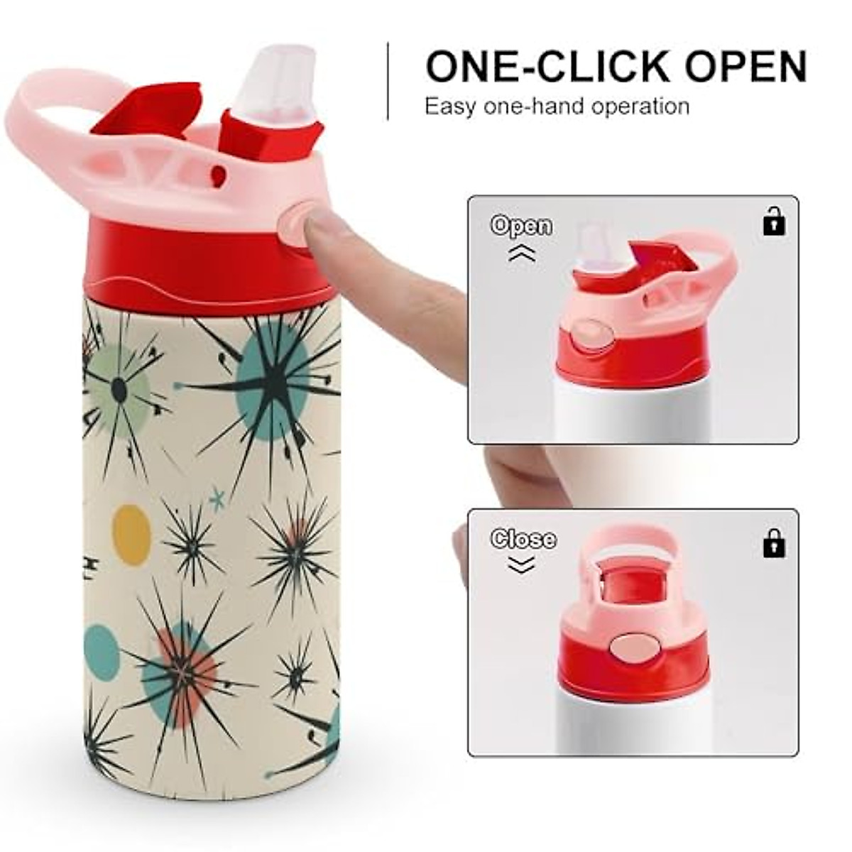 Stainless Steel Water Bottles Atomic Stars Retro Pattern Travel Water Cups with Handle And Silicone Straw Drinking Cup with Leak Proof Lid Thermo Travel Mug for Women Men