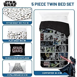 Star Wars Comic Book Twin Size Comforter Set - 5 Piece Bedding Includes Sheet Set & Pillow Covers - Super Soft Cozy Kids Bedding