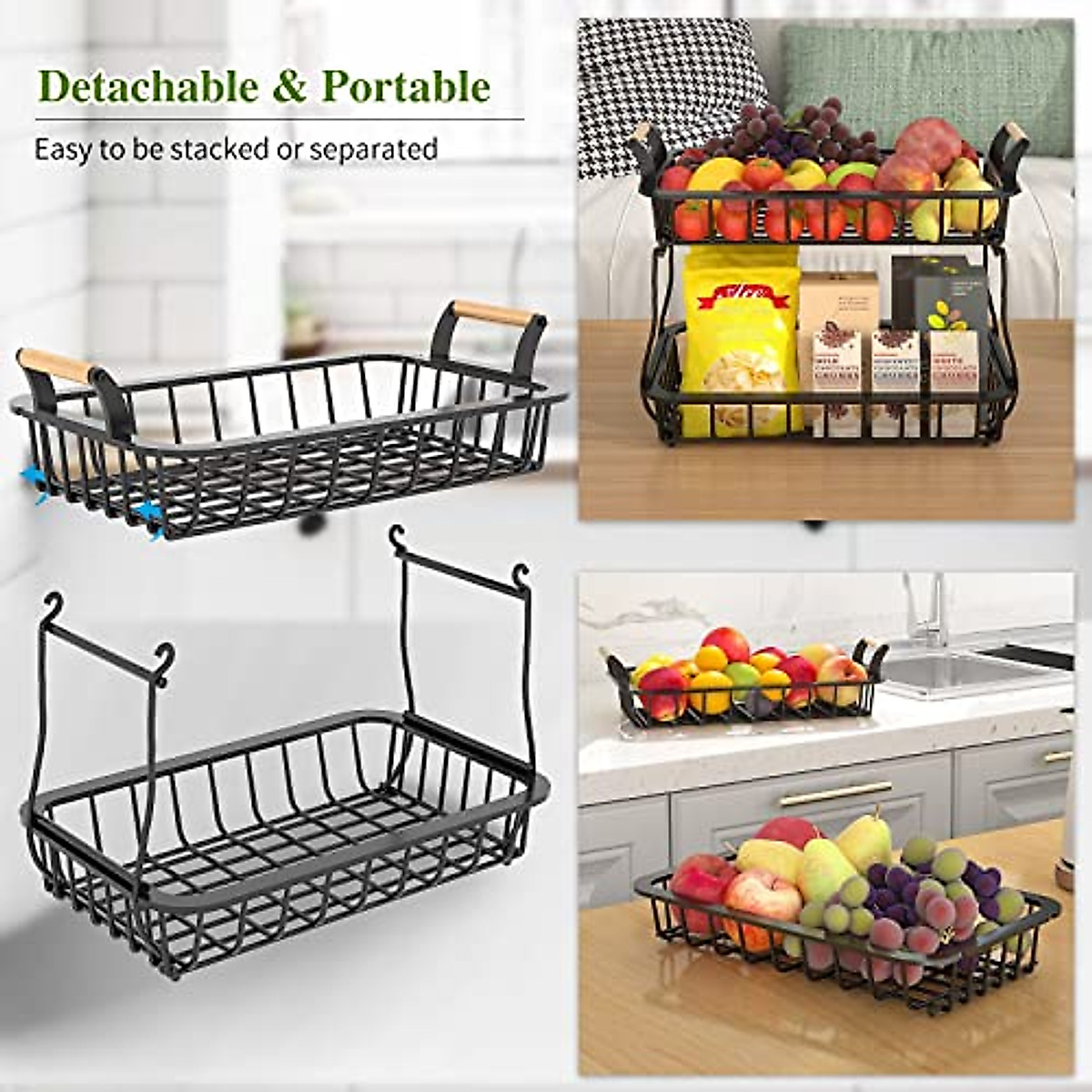 OKZEST 2 Tier Fruit Basket with 2 Banana Hangers, Vegetable Fruit Basket Bowl for Kitchen Countertop, Metal Fruit Storage Stand Holder Organizer for Bread Snack Potato Onion Produce