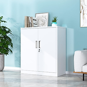 JINKUR Metal Storage Cabinet with Locking Doors and 2 Adjustable Shelves, Small Lockable Steel Storage Cabinets for Home Office Garage Kitchen Pantry (White)