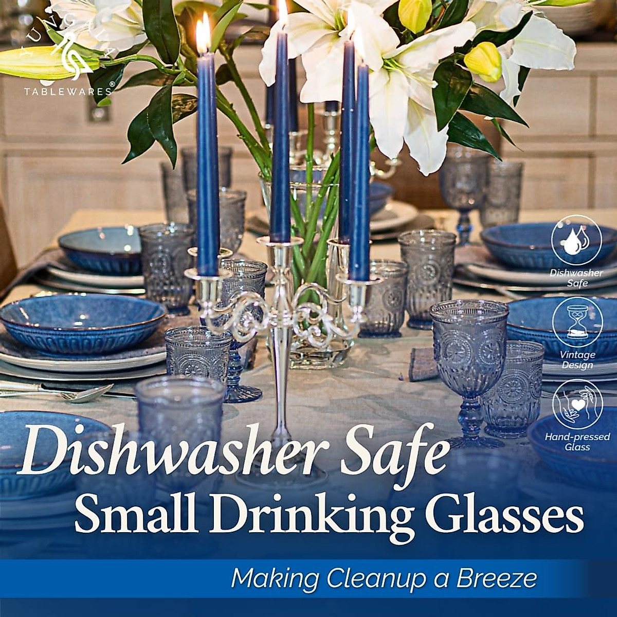 Yungala Blue Glassware set of 6 small dishwasher safe colored glasses, Blue glass cups, matching highball and wine glasses available