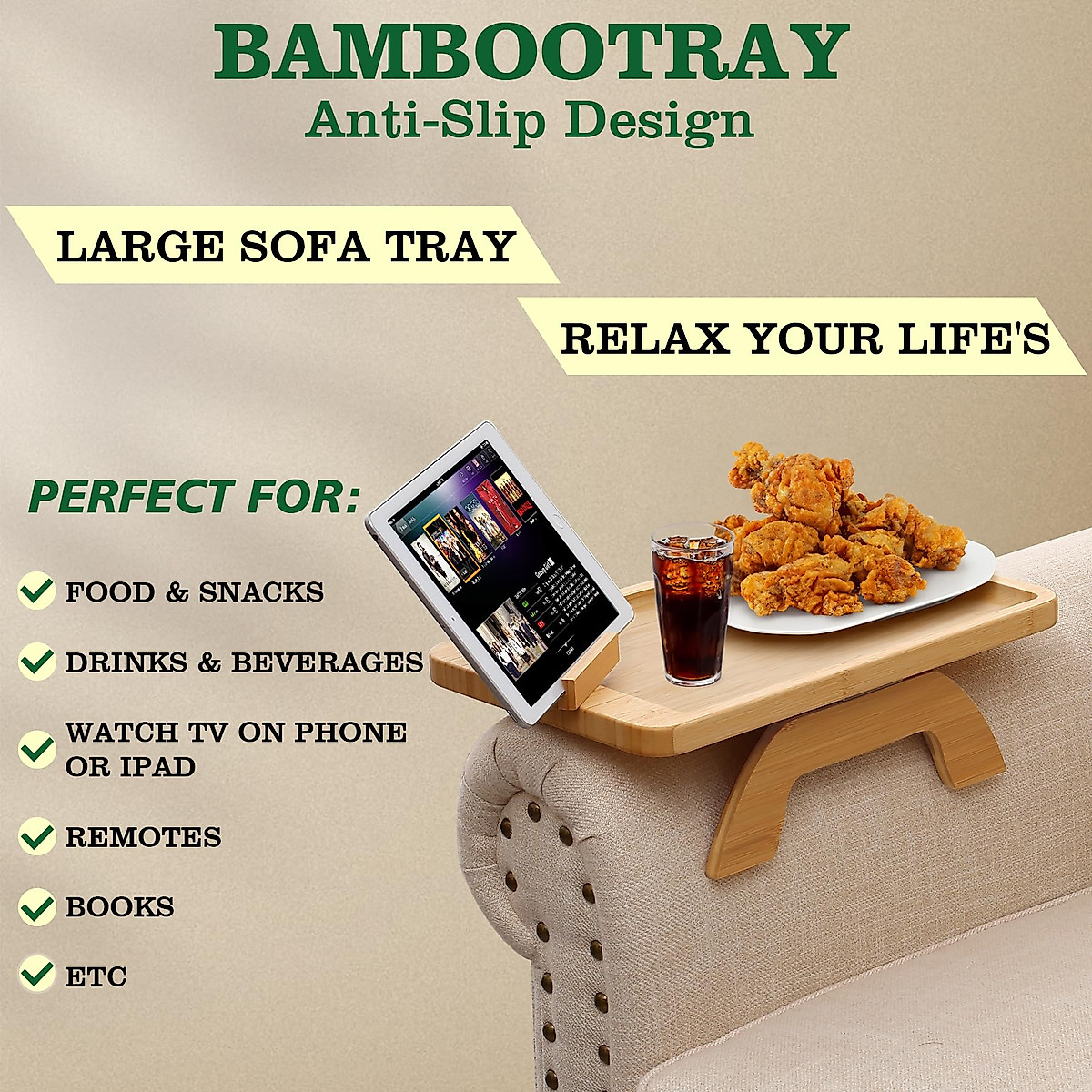 BAMBOOTRAY Couch Arm Table,Sofa Clip on Tray for Armrest Tray,Sofa Arm Table with Phone Holder,Couch Table for Living Room Bedroom,TV Tray Table for Eating & Drinking