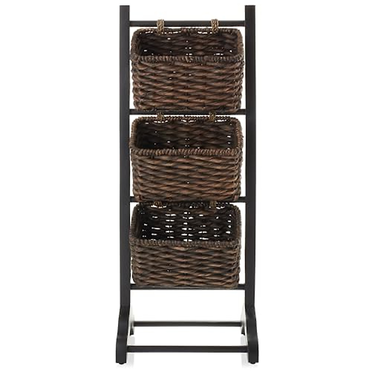 Casafield 3-Tier Floor Stand with Water Hyacinth Storage Baskets, Black/Espresso - Standing Organizer Rack for Bathroom, Kitchen, Laundry, Living Room