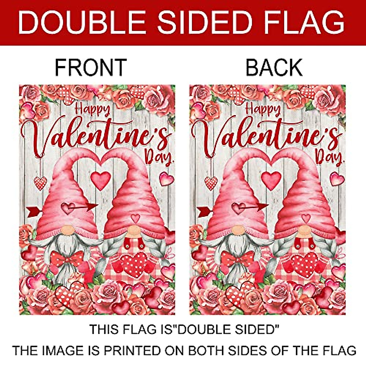 Valentines Day Garden Flag, Valentine Garden Flag 12x18 Double Sided, Happy Valentine's Day Gnomes with Love Heart Roses Burlap Vertical Yard Flag for Home Lawn Outdoor Decorations