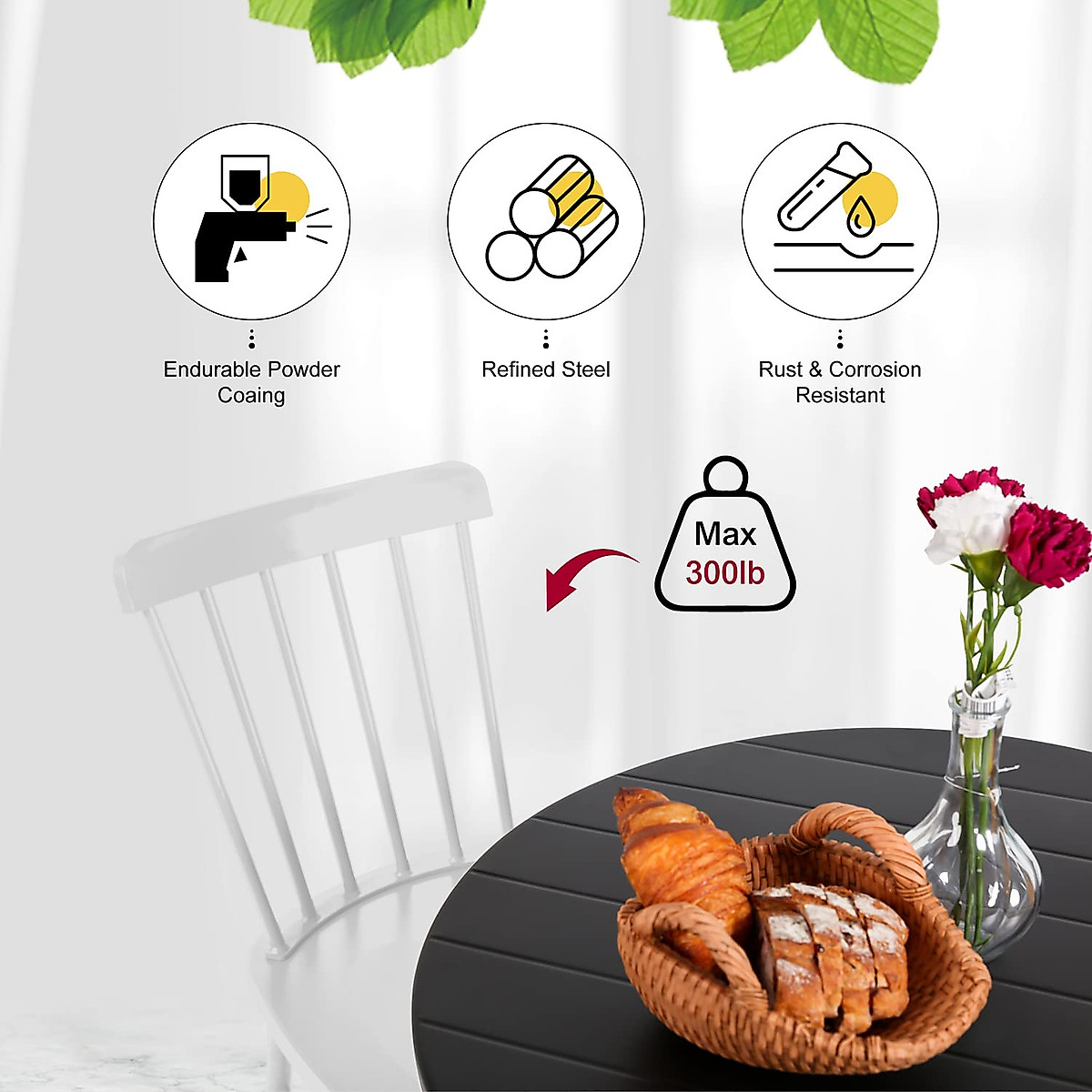 Anmutig White Metal Patio Dining Chairs Set of 2 Indoor/Outdoor Windsor Chairs Farmhouse Spindle Back, Modern Mid-Century Country Style, Kitchen Side Chairs for Living Room Restaurant, Widen Seat