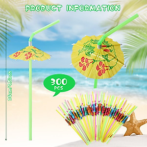 300 Pcs Umbrella Parasol Drinking Straws Luau Party Decorations Bendable Hawaiian Cocktail Straws with Umbrella Disposable Drinking Straws for Summer Beach, Hawaiian Party Decorations