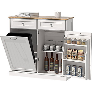 OUTGUAVA 13 Gallon Tilt Out Trash Bin Cabinet with 2 Drawers, Adjustable Shelves,50 Quart Kitchen Pantry Storage Cabinet with Garbage Bin Tilt Out Laundry Hamper for Kitchen (White)