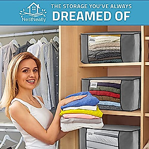 NestNeatly Large Capacity Clothes Storage Bag Organizer with Reinforced Handle for Comforters, Blankets, Bedding, Foldable with Sturdy Zipper, Clear Window, 3 Pack, Gray