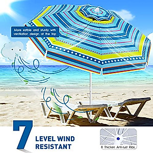 FEFLO Beach Sand Umbrella Portable Outdoor: 7ft Arc Length 6.5ft Diameter Large Striped Heavy Duty Wind Proof UV 50+ Parasol with Anchor Adjustable Tilt Pole 8 Ribs Carry Bag Lightweight