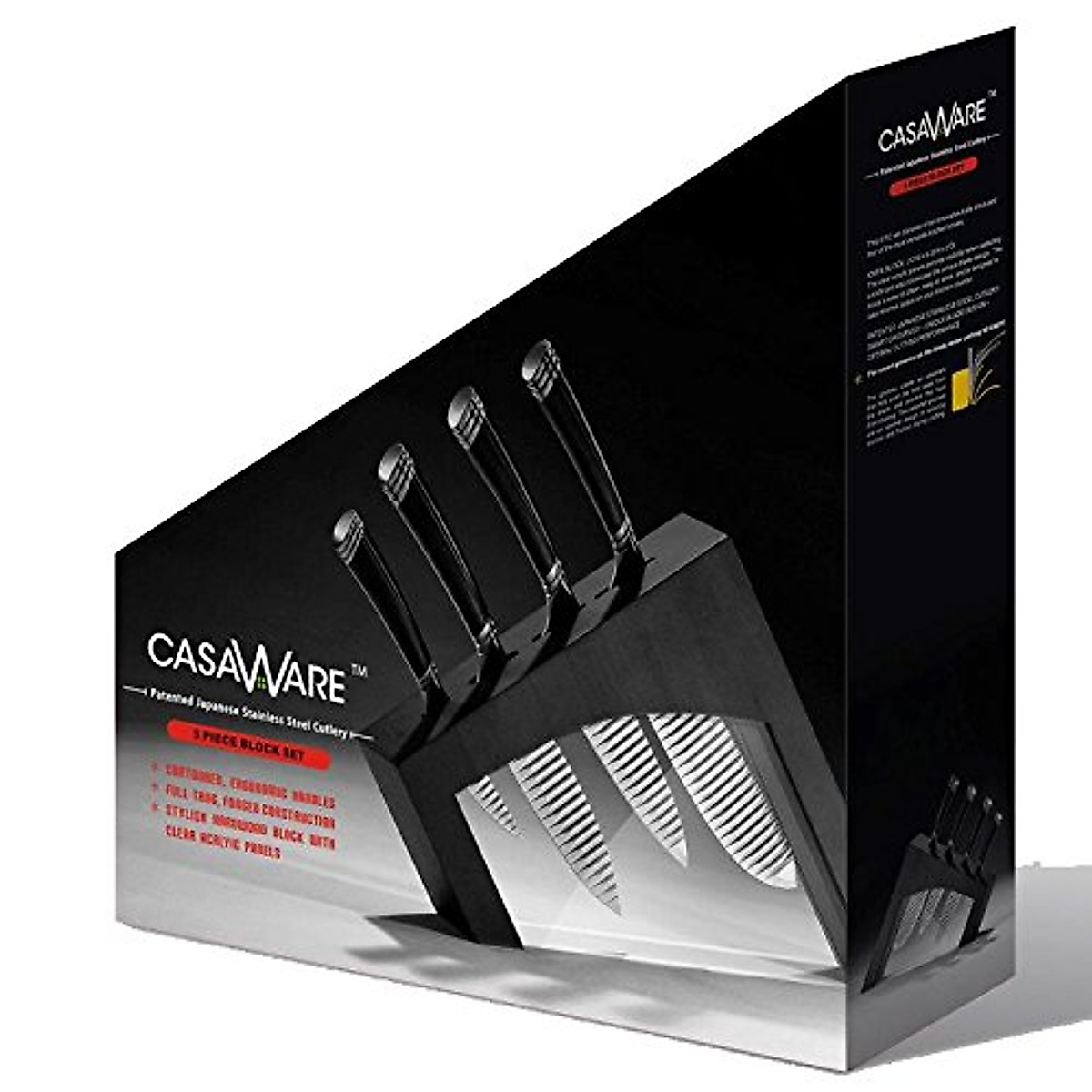 Casaware 5pc Knife Block Set (All Purpose, Chef, Serrated Utility, Paring, Knife Block) (Black)