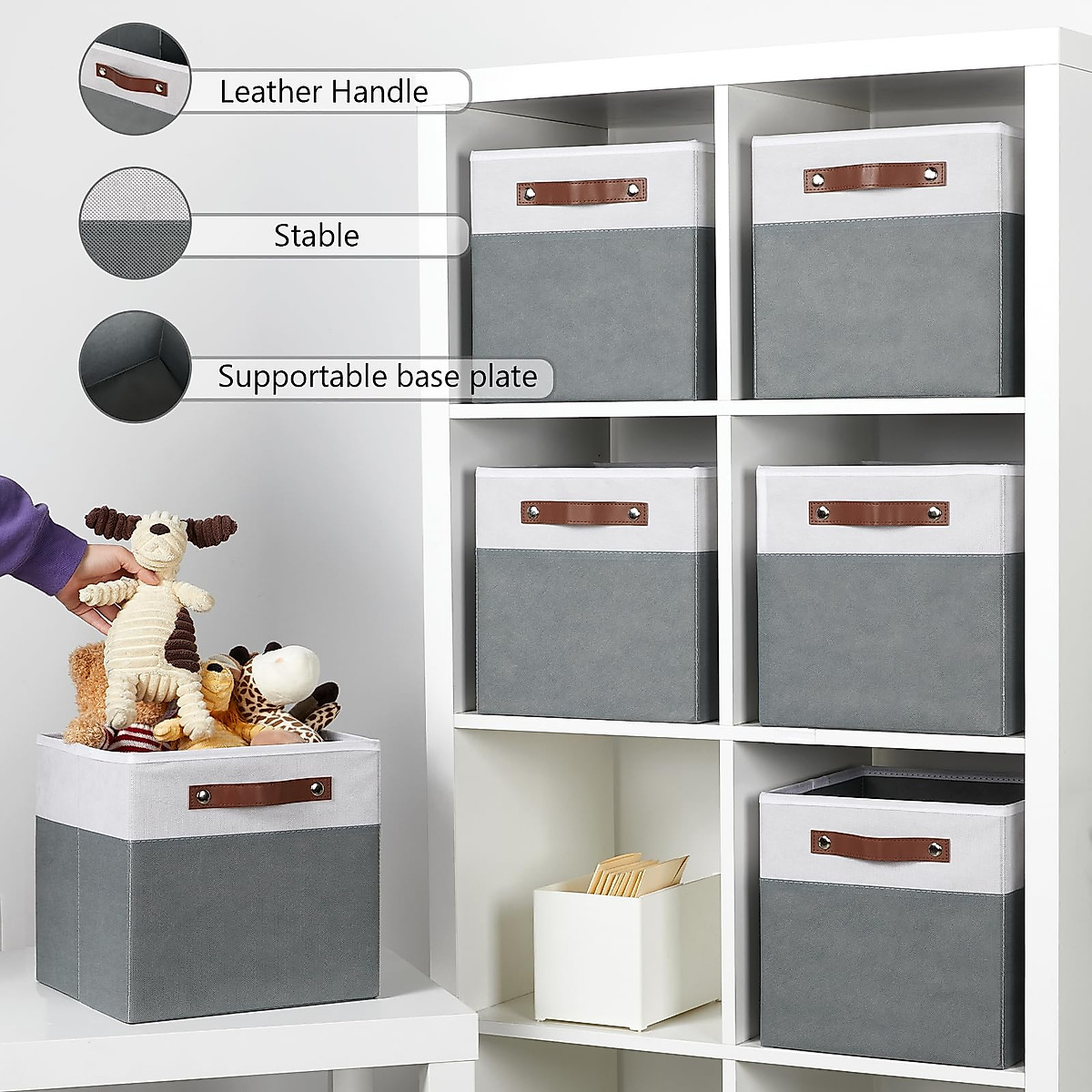 HNZIGE Fabric Storage Cubes 11x11x11,6Pcs Storage Cubes Organizer shelves, Large Linen Closet Foldable Storage Cubes for Shelves,Baskets for Cube Storage Home, Office Toy (White Gray)