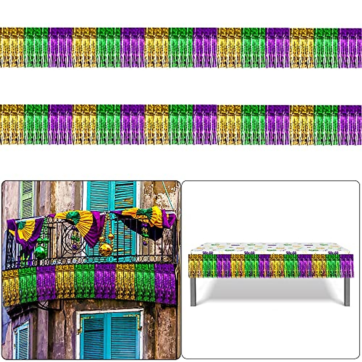 2 Pack Mardi Gras Fringe Curtain,19.68Ft Metallic Fringe Tinsel Streamers Banner,Gold Green Purple Foil Fringe Drape for Street Background Decorations DIY Party Supplies