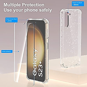 KSWOUS for Samsung Galaxy S23 Plus Case Glitter Clear with Screen Protector[2 Pack], [Military Protection] Bling Sparkly Cute Bumper Shockproof Slim Cover for Women Girls