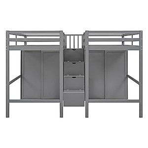 BOVZA Double Twin Size Loft Bed with Storage Stairs and 2 Wardrobes, Wood Loft Bed Frame with Staircase for 2 Kids Girls Boys Teens, Gray