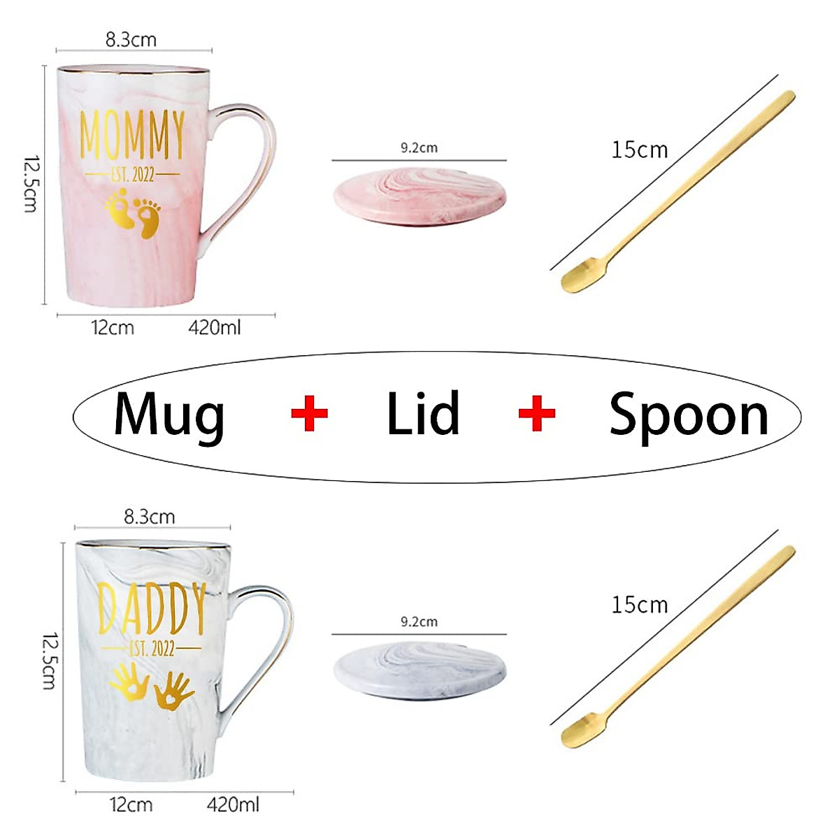 LOZACHE Mom Dad Est. 2022 Coffee Mugs With Lid Spoon, New Parents Gifts for Mother Father Birthday Christmas Day, Couple Set Gifts for Mommy Daddy First Time (Pink & Grey 2022)