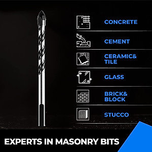 amoolo 3/16" Concrete Drill Bit & Masonry Drill Bit Set(5PCS), Carbide Tip Drill Bit Set for Tile, Brick, Cement, Concrete, Glass, Plastic, Cinder Block, Wood etc