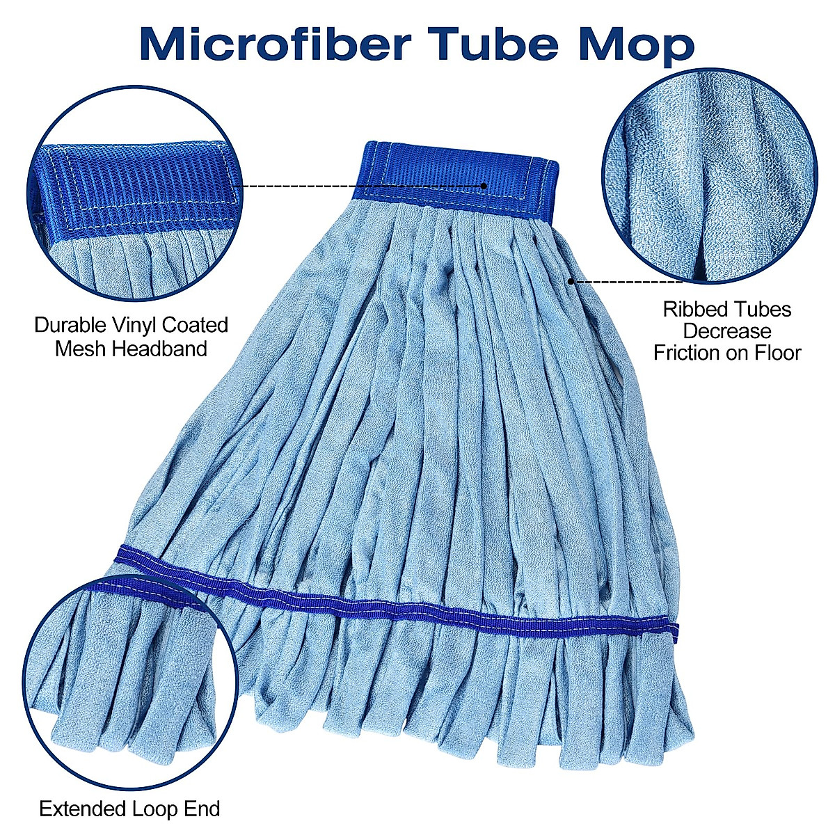 Matthew Cleaning Microfiber Tube Mop(Large,Blue,3Pack)Heavy Duty Mop Head Replacement,excellent absorbency,Premium launderability,Reusable,Loop end for Home,Commercial&Industrial Use-Incl.2Pcs Cloths