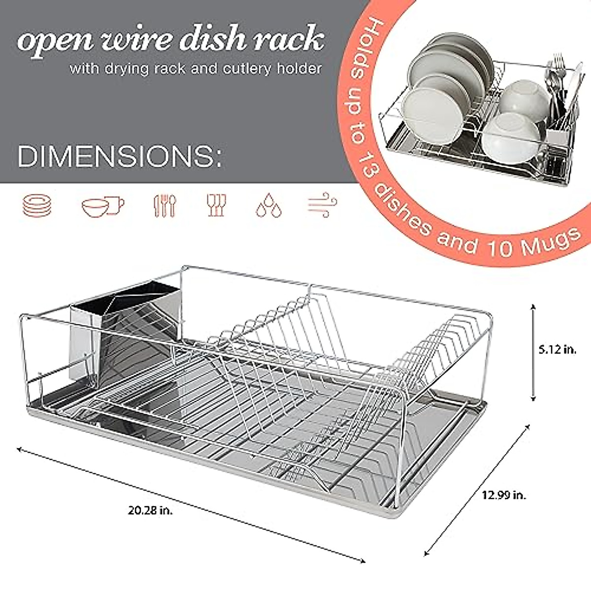 Kitchen Details 3 Piece Dish Rack | Drain Tray | Cutlery Holder | Countertop | Organizer | Holds 13 Dishes | Chrome