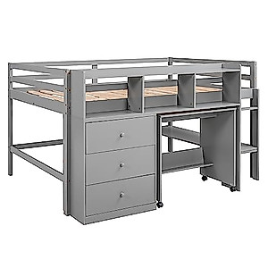 Wooden Full Size Bed Frame Full Size Low Loft Bed with Rolling Portable Desk, Drawers and Shelves, Gray