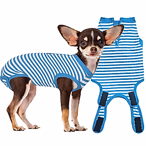 Wabdhally Dog Surgery Recovery Suit,Surgical Suit for Small Female Spay,Soft Combed Cotton,Blue Striped Zipper Onesie XS