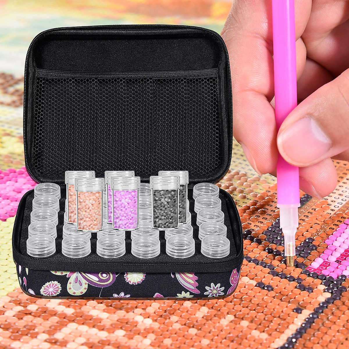 Benote Diamond Art Painting Storage Container, Bead Organizer with Diamond Tray Funnel Tweezers Lables, Embroidery Box 30 Grids and Large Bead Storage 50pcs Bags
