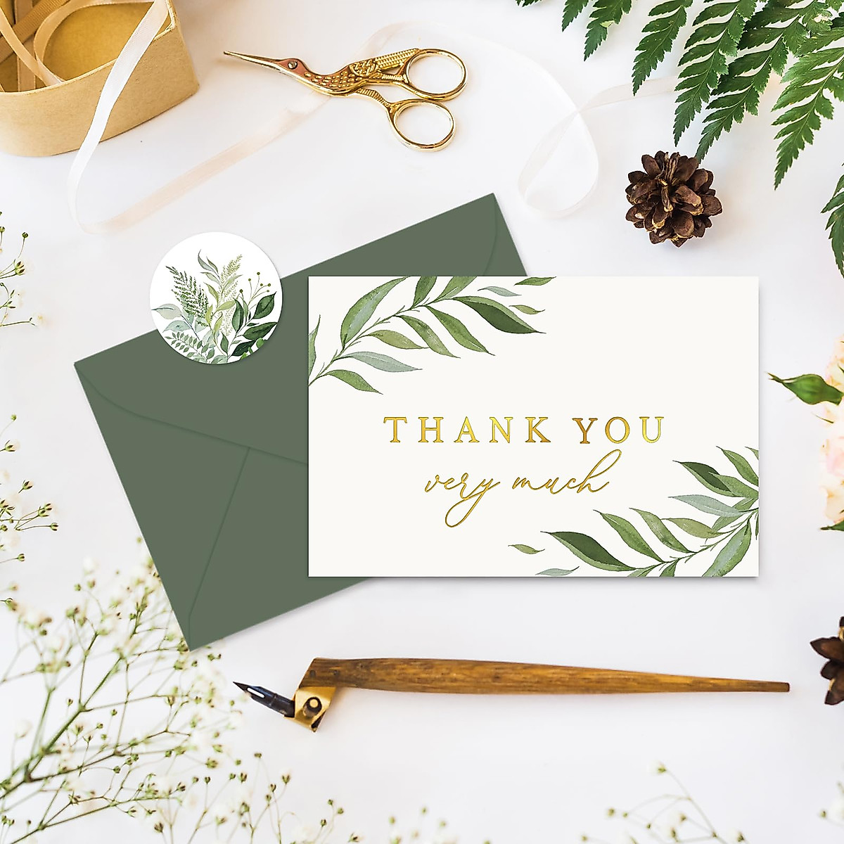 Whaline 24 Sets Greenery Thank You Cards Gold Foil Thank You Greeting Cards Watercolor Green Leaf Blank Note Cards with Envelopes Stickers for Bridal Baby Shower Wedding Birthday Party, 4 x 6 Inch