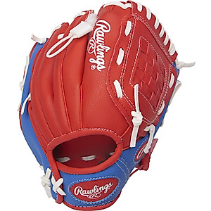 Rawlings | PLAYERS Series T-Ball & Youth Baseball Glove | Right Hand Throw | 9" | Red/Blue with Ball