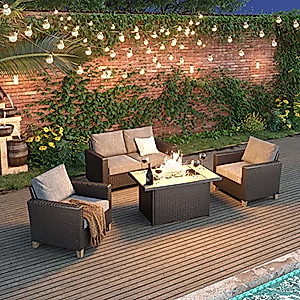 Grand patio Sofa Sets 5 Pieces Conversation Set with Fire Pit Table, Luxury Heavy Duty Wicker Patio Furniture Sectional Sofa with Thick Cushions (Brown Set with Fire Pit, 5 PCS)