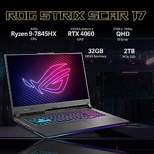 ASUS ROG Strix G17 (2023) Gaming Laptop, 17.3” QHD 240Hz Display, AMD Ryzen 9 7845HX, GeForce RTX 4060, 32GB DDR5 RAM, 2TB PCIe SSD, RGB Backlit Keyboard, Win 11 Pro, Gray, 32GB Snowbell USB Card