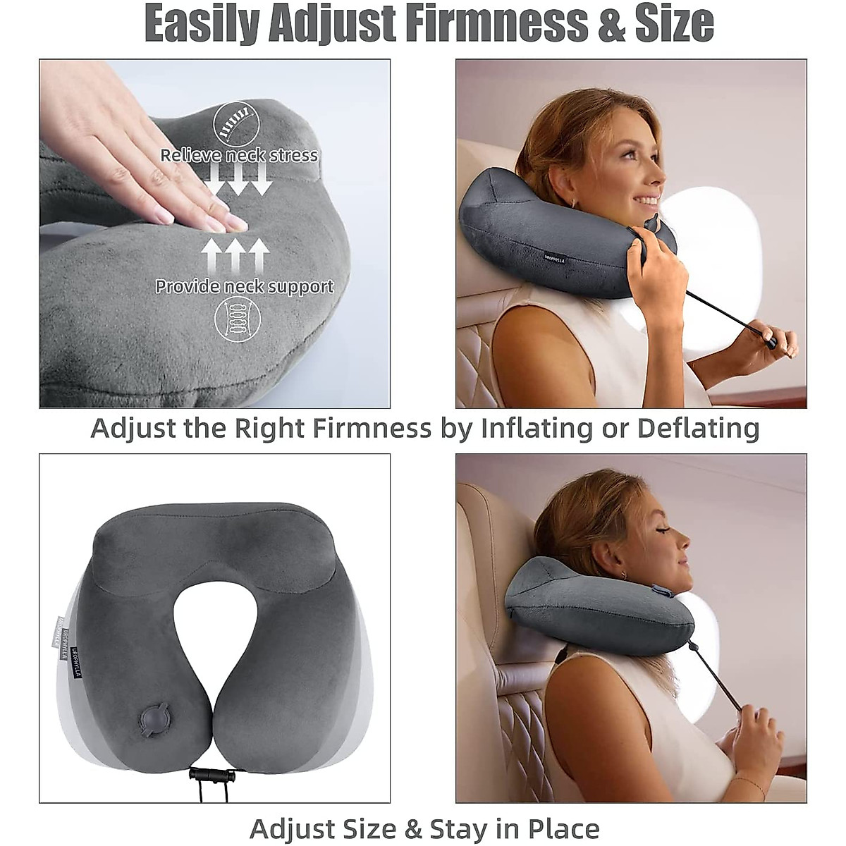 urophylla Inflatable Travel Pillows for Airplanes, Soft Velvet Inflatable Neck Pillow with 3D Contoured Eye Masks, Blow Up Pillow for Traveling, Trains, Cars, Travel Accessories, Large(Grey)