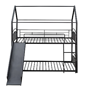 House Bunk Bed with Slide, Twin Over Twin Metal Bunk Bed with Roof and Security Guardrail, Floor Bunk Bed for Kids Teens Boys & Girls, Convertible Design (Black)