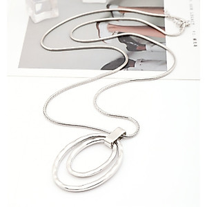 NVENF Long Sweater Chain Double Circle Pendant Necklace Bold Snake Chain Women Statement Necklace (Silver-tone)