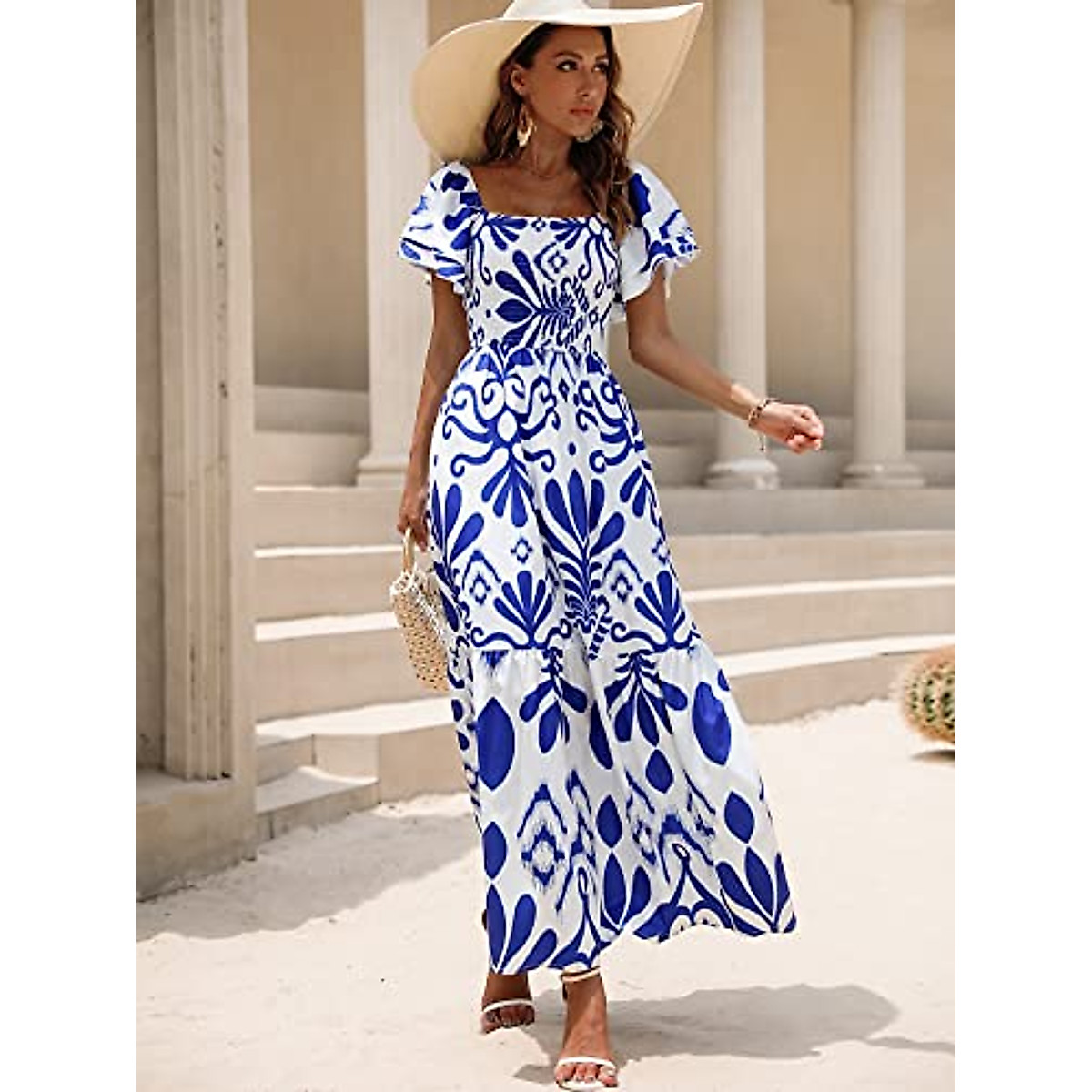 MakeMeChic Women's Floral Print Layered Short Sleeve Square Neck Ruffle High Waist A Line Summer Long Dress Blue and White XL