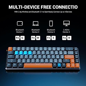 Gaming Keyboard, 65% Low Profile Wireless Mechanical Keyboard with Red Switch, Bluetooth 5.0/ 2.4G/ Wired RGB Lighting Keyboards for Travel Office PC, Compatible with Mac OS and Windows, Volume Slider