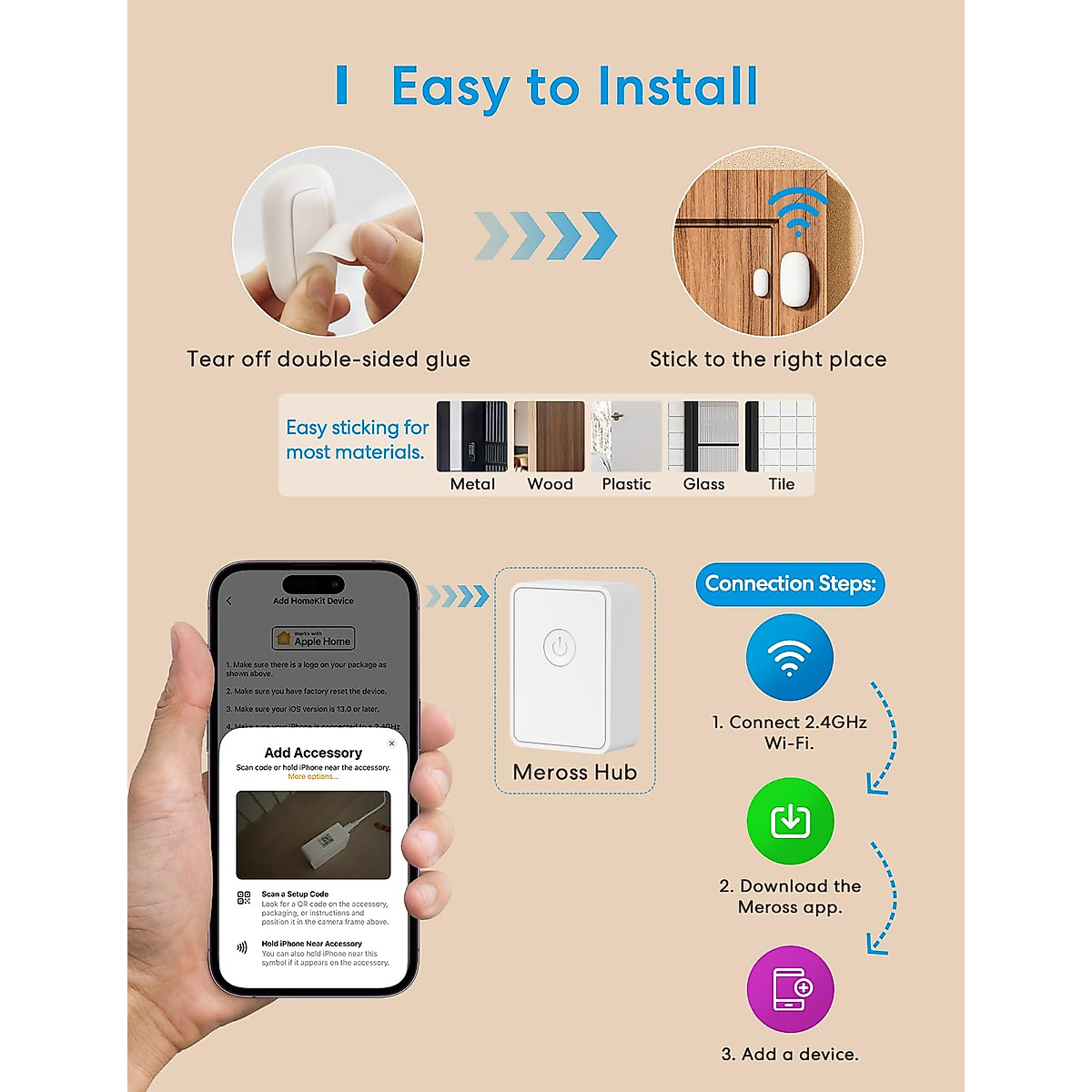 meross Smart WiFi Door & Window Sensor Kit, Support Apple HomeKit, Alexa, Google, SmartThings for Burglar Alert, 328ft Range, Home Automation, Security & Kid Safety, 2.4GHz WiFi, Meross Hub Included