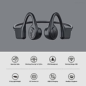 ROPASOMIC Bone Conduction Headphones, 12 Hours Playtime Bluetoeth 5.3 Headset Open Ear Wireless Earphone - IP55 Sweatproof Built-in Mic,Perfect for Running Cycling Hiking Workouts(Black)