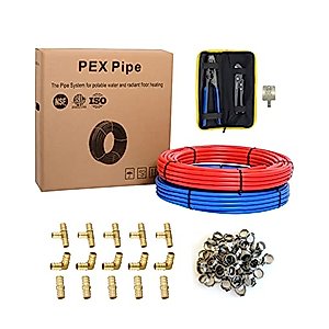 EFIELD 1/2 inch 200 ft Pex-b Pipe/Tubing 2 x100 ft Blue & Red, Pex Fittings (15), Crimp Tool, Clamps, and Cutter Combo Kit