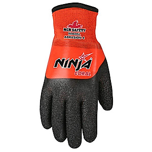MCR Safety Ninja Coral N9695 Work Gloves, 15 Gauge Orange Nylon Shell, Black Coating with Full PVC DIP, Medium