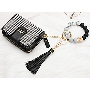 SNUG STAR Multi-Purpose Wallet High Capacity Card Holder Zipper Coin Purse with Wristlet Bracelet Keychain Silicone Beaded Bangle (Silicone Bracelet(16 Cards)-Woven Small Plaid Black)