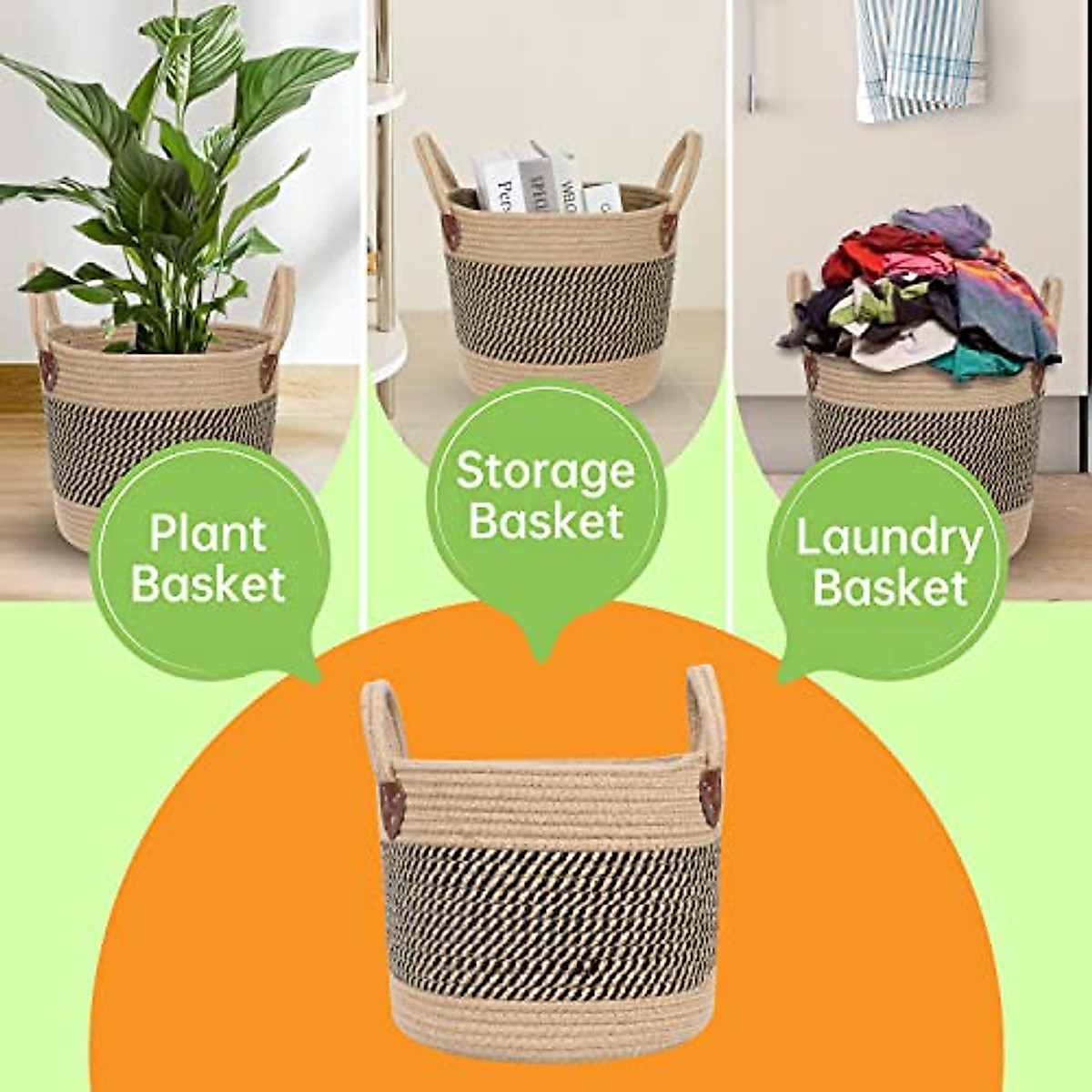 ZOES HOMEWARE 14"x12" Natural Jute Rope Woven Storage Basket with Handles for Plant, Blankets,Toys - Living Room Home Decor,Multifunctional Basket for Organizer,Picnic,Artificial Tree brown