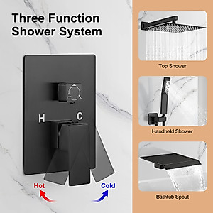 JOMEOO 12 Inch Shower System with Tub Spout, 3 Function Matte Black Bathtub Shower Faucet Set, Wall Mounted Bathroom High Pressure Rain Shower Head with Handheld Sprayer Rough in Valve Body and Trim
