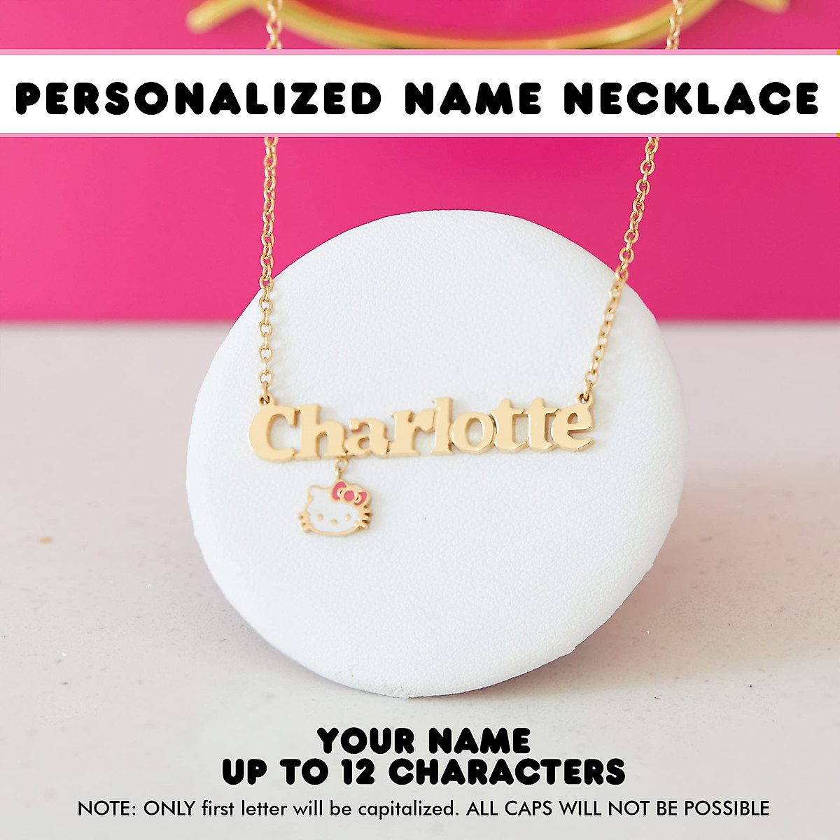 Sanrio Hello Kitty Personalized Name Necklace 18" - 14k Flash Plated Sterling Silver Custom Name Necklace Officially Licensed