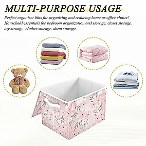 Kigai Storage Basket Pink Flowers Print Storage Boxes with Lids and Handle, Large Storage Cube Bin Collapsible for Shelves Closet Bedroom Living Room, 16.5x12.6x11.8 In