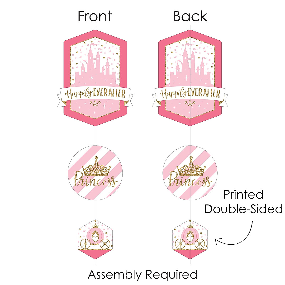 Big Dot of Happiness Little Princess Crown - Pink and Gold Princess Baby Shower or Birthday Party DIY Dangler Backdrop - Hanging Vertical Decorations - 30 Pieces