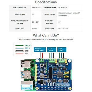 2-Channel Isolated CAN FD Expansion HAT for All Raspberry Pi, Support CAN2.0 and CAN FD Protocols,with MCP2518FD CAN Controller + MCP2562FD CAN Transceiver Onboard Multi Protection Circuits