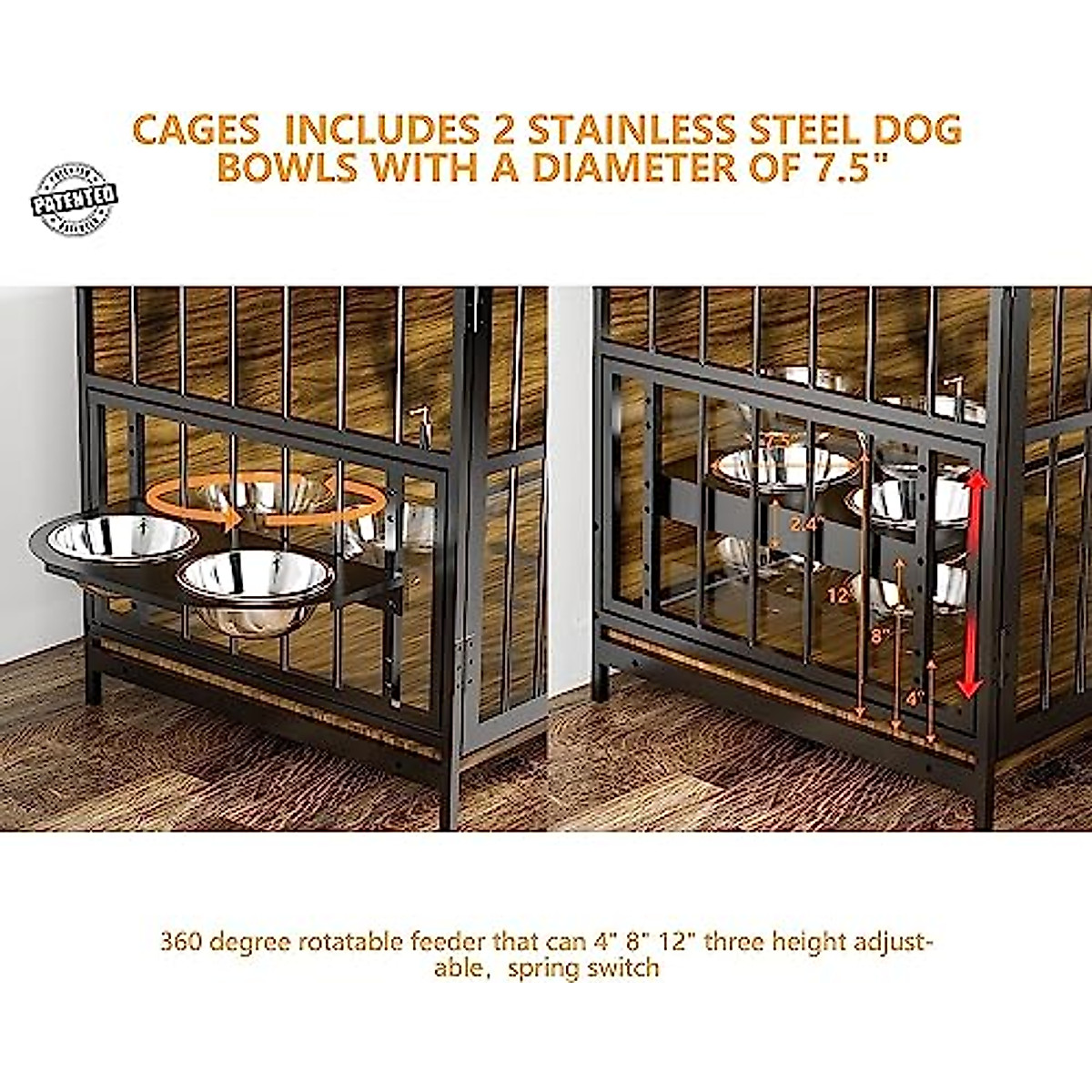 ROOMTEC Furniture Style Large Dog Crate with 360° & Adjustable Raised Feeder for Dogs with 2 Stainless Steel Bowls -End Table Dog House with Dog Pad (41Inch = Int.dims: 39.7" W x 22.4" D x 25.1" H)