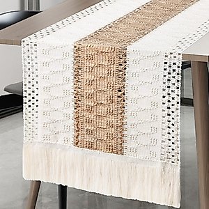 Boho Table Runner, 72 Inch Macrame Boho Fall Decor Table Runner, Natural Farmhouse Burlap Table Runners for Home Thanksgiving Fall Table Decorations